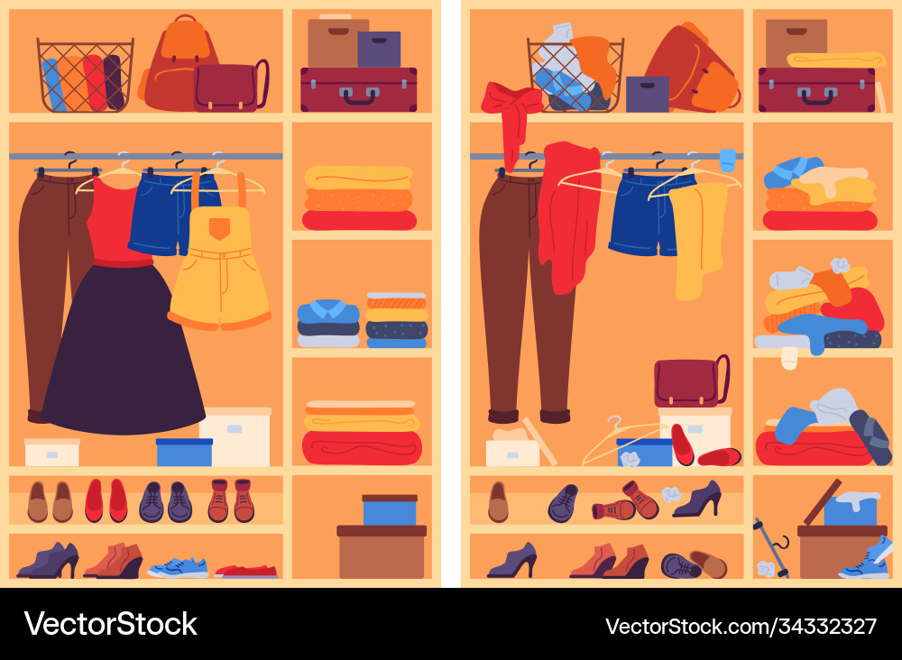 Messy clothes in wardrobe open closet with messy Vector Image