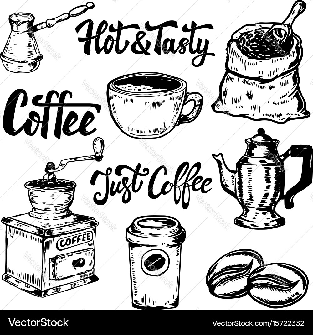 Set of coffee hand drawn icons design elements Vector Image