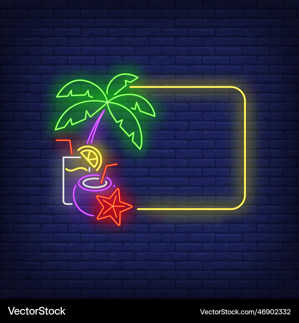 Yellow glowing frame neon sign palm lemonade Vector Image
