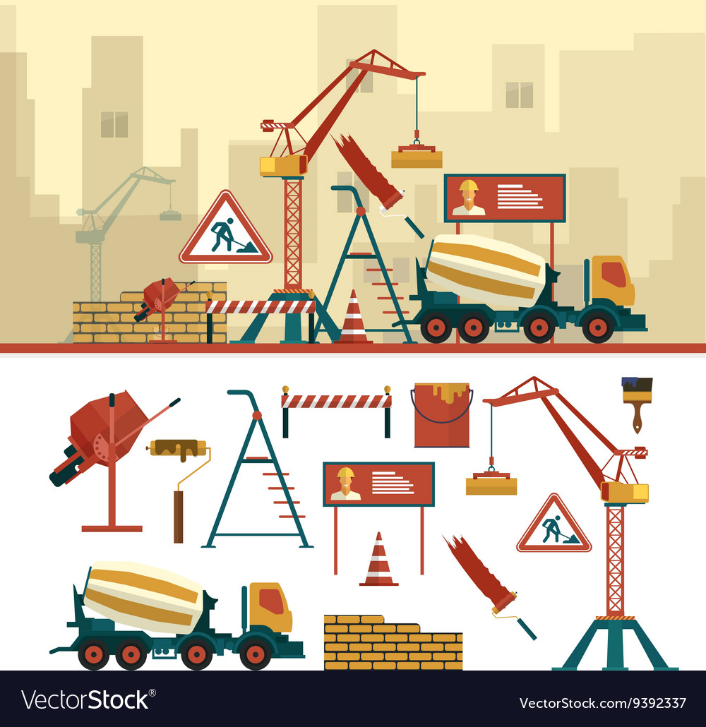 Set construction site objects and tools Royalty Free Vector