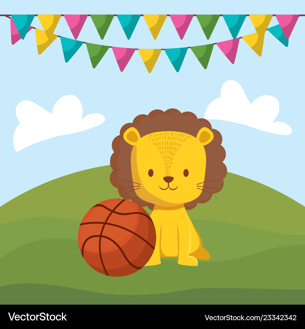 Cute circus lion with basket balloon Royalty Free Vector