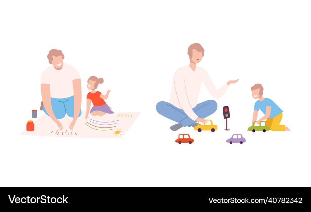 Young dad with his kid drawing paints Royalty Free Vector
