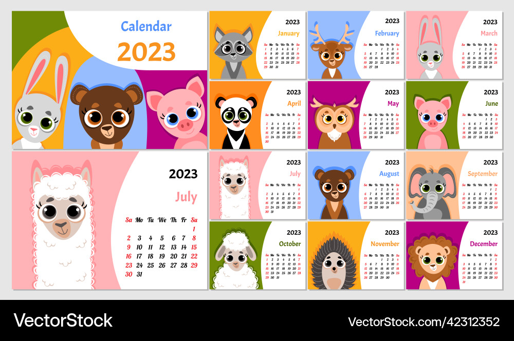 Calendar 2023 with cute animals Royalty Free Vector Image