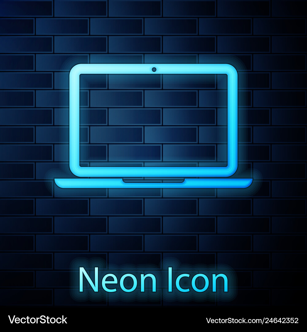 Glowing neon laptop icon isolated on brick wall Vector Image