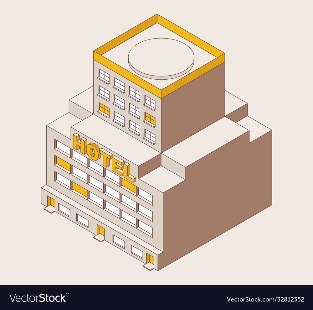 Isometric outline multi-storey hotel yellow color Vector Image