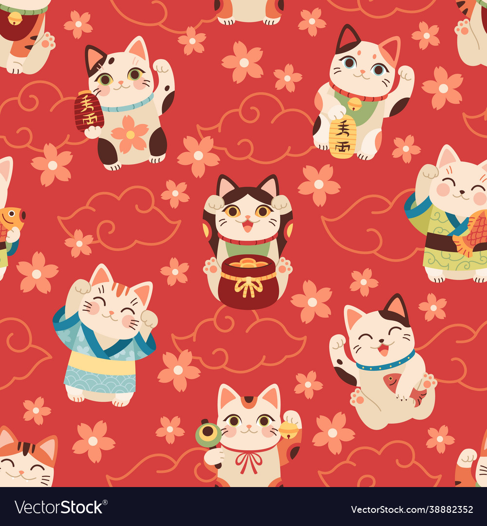 Seamless japanese maneki cats pattern lucky asian Vector Image