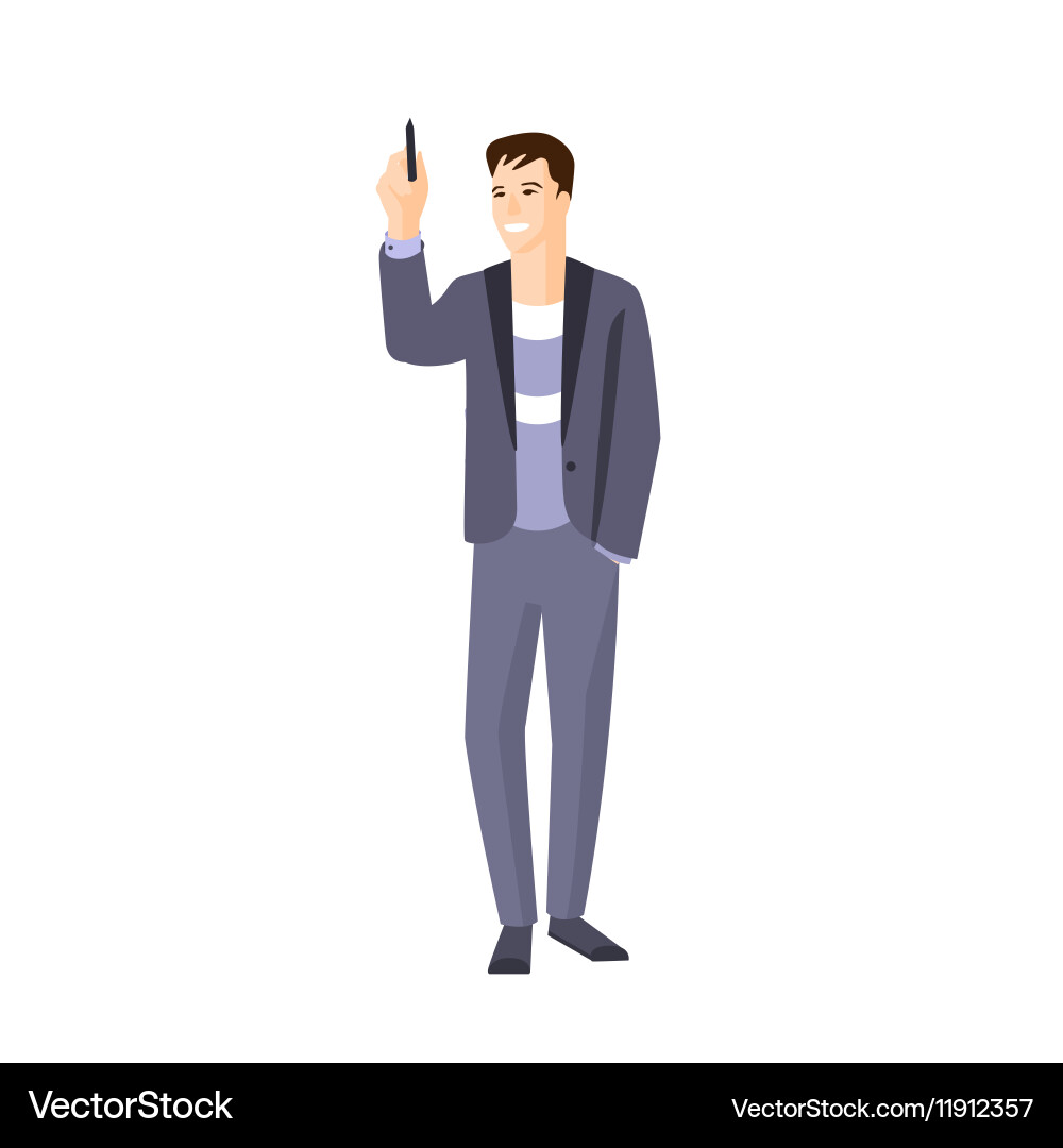 Man in jacket on sweater writing on whiteboard Vector Image