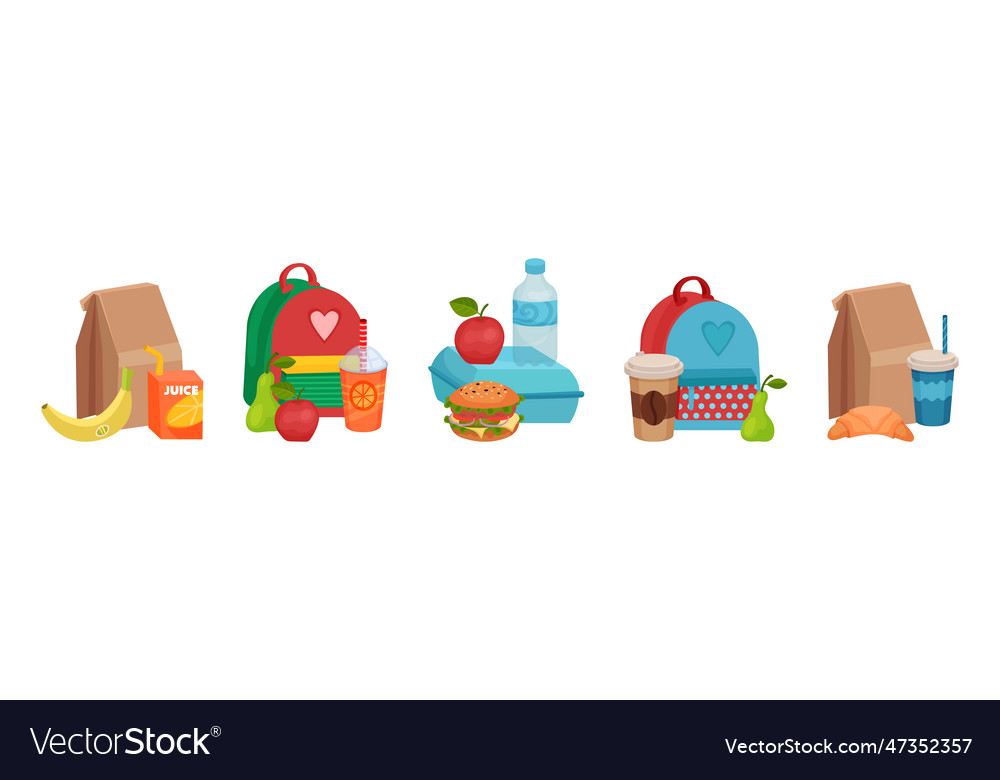 School lunch food boxes and kids bags set Vector Image
