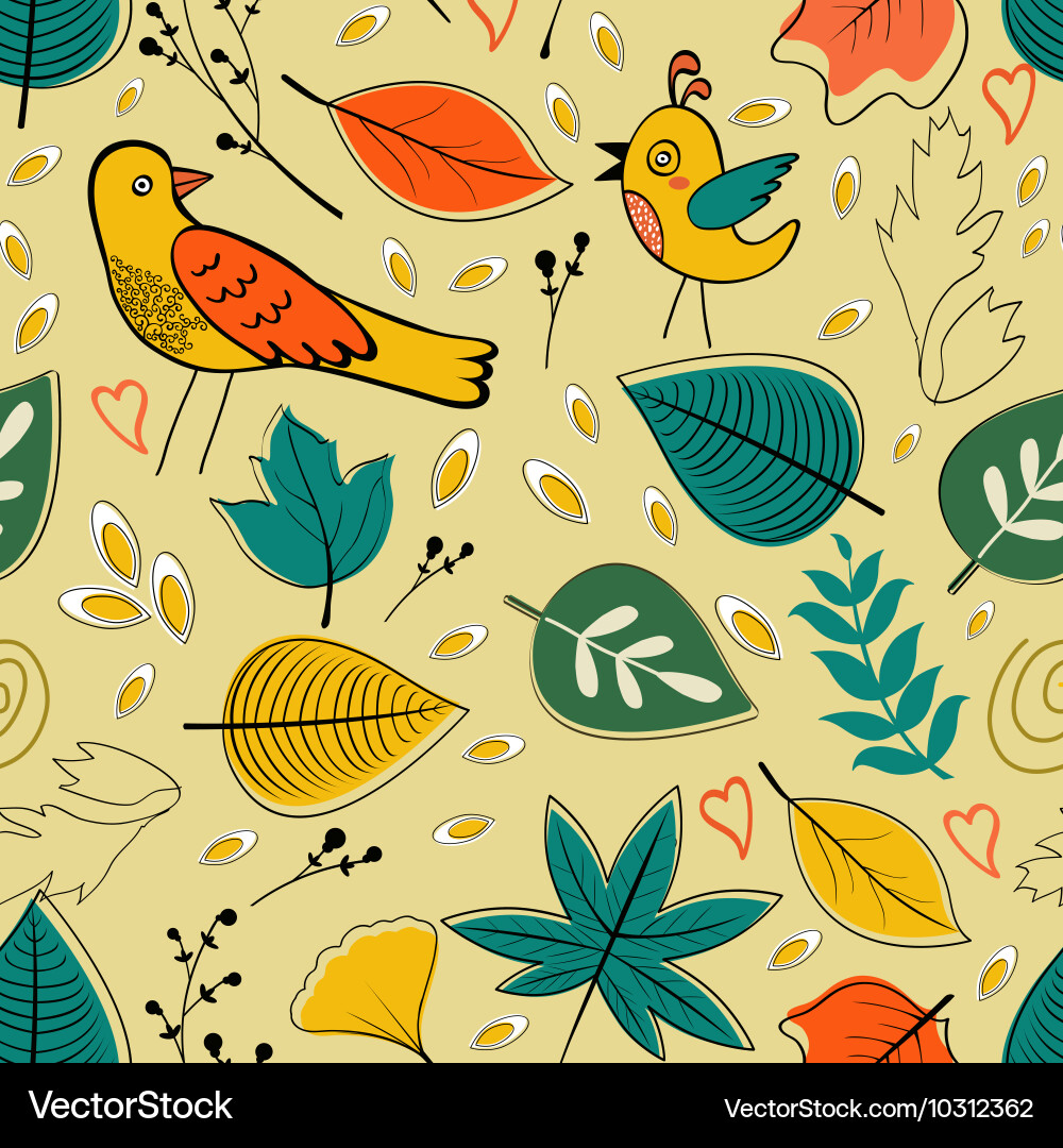 Autumn pattern with birds flowers and leaves Vector Image