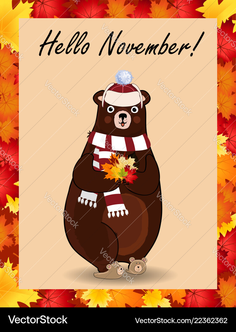 Hello november greeting card with cute bear Vector Image
