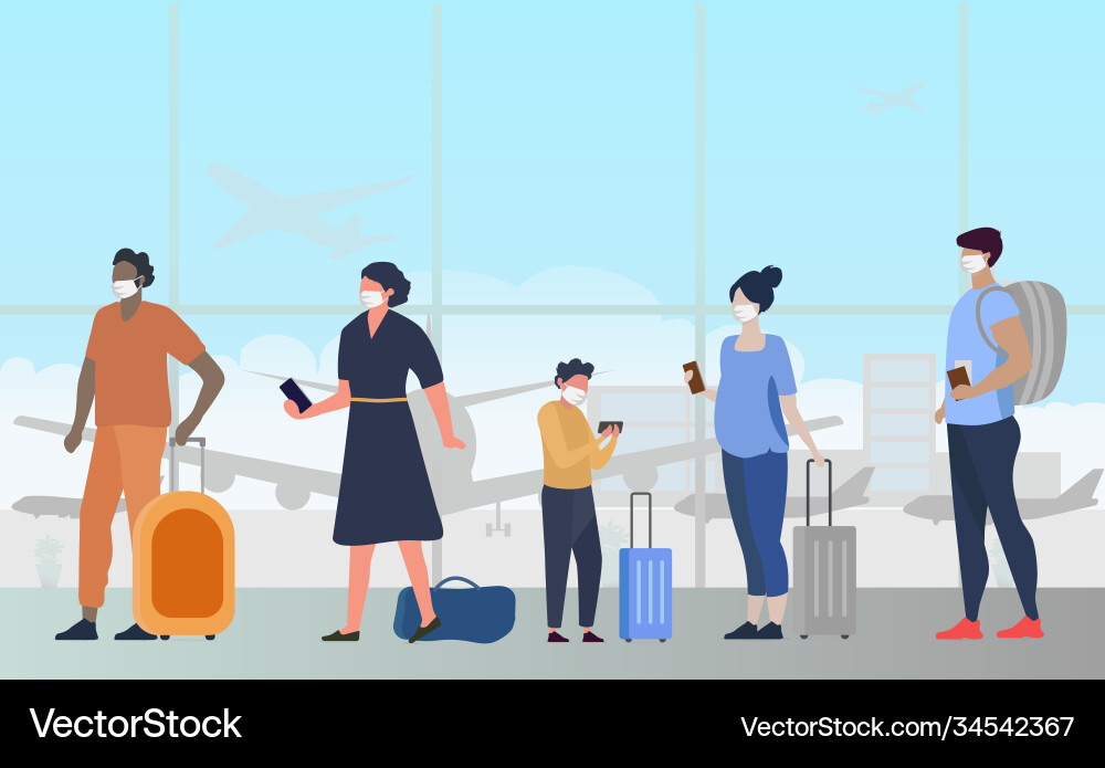A large queue people in airport building Vector Image