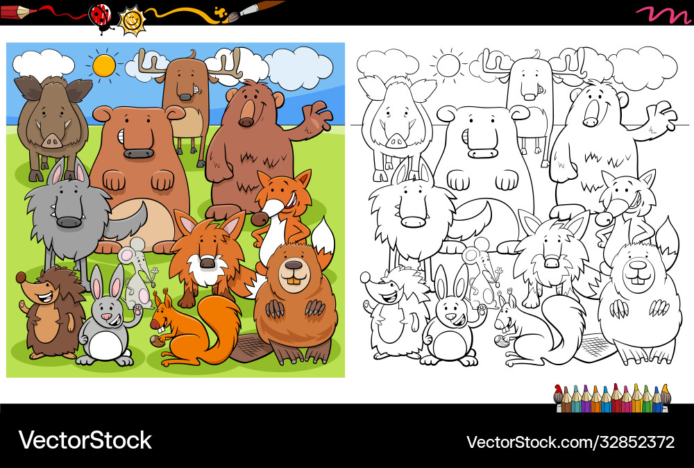 Animal characters group coloring book page Vector Image