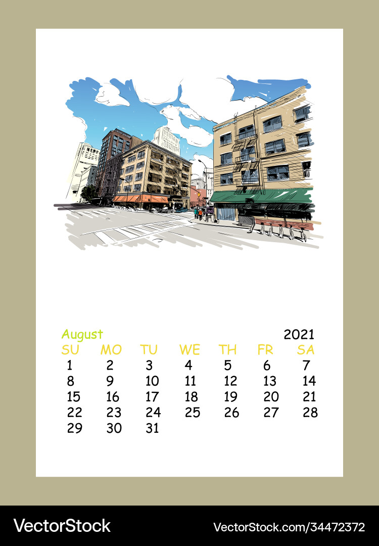 Calendar sheet layout august month 2021 year Vector Image