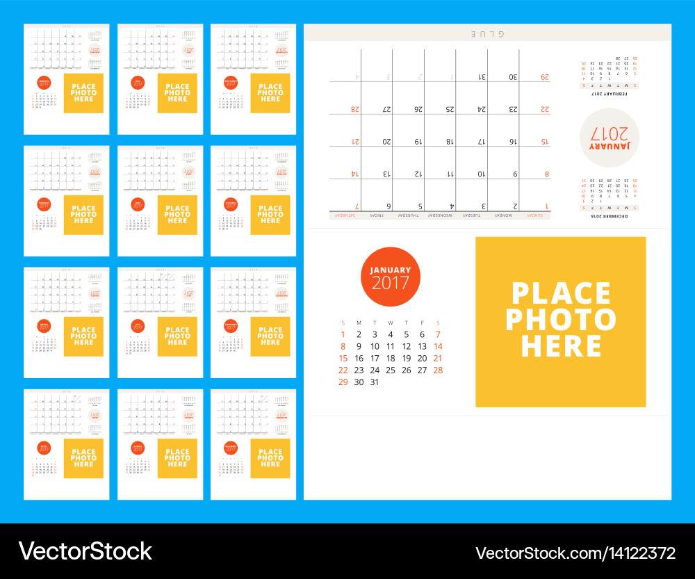 Calendar template for 2017 year week starts Vector Image
