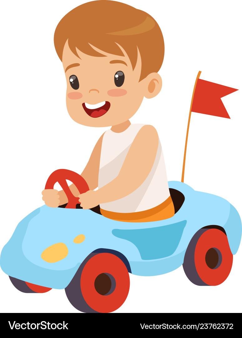 Cute smiling boy riding toy car Royalty Free Vector Image