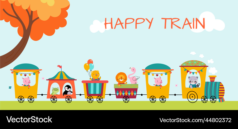 Happy cartoon animals ride on train Royalty Free Vector