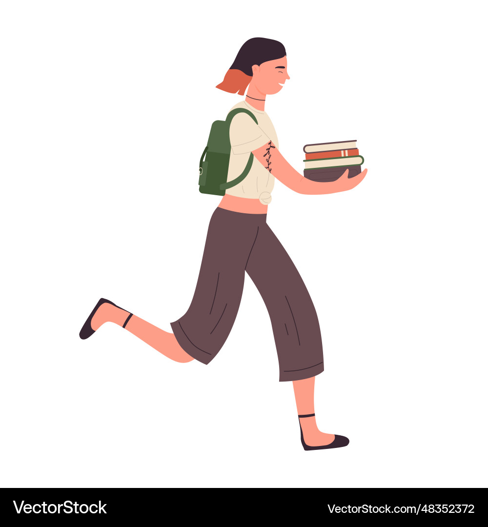 Running student girl with stack of books Vector Image