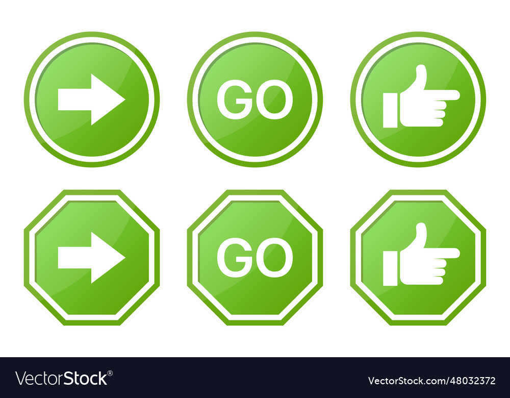 Set of green go sign with arrow word and hand Vector Image