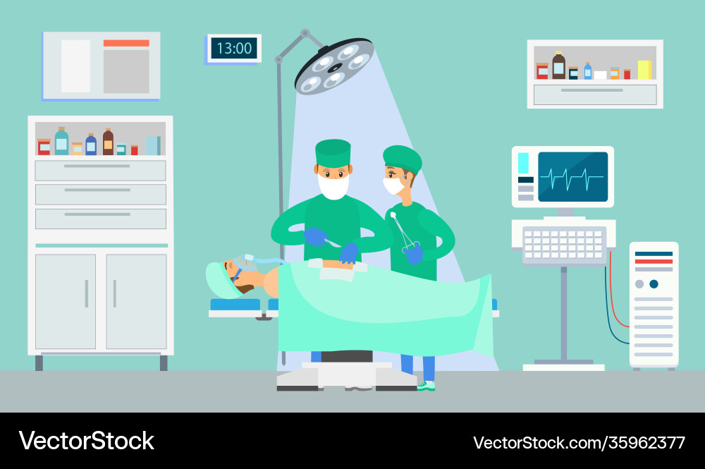 Two surgeons holding scalpels performing surgical Vector Image