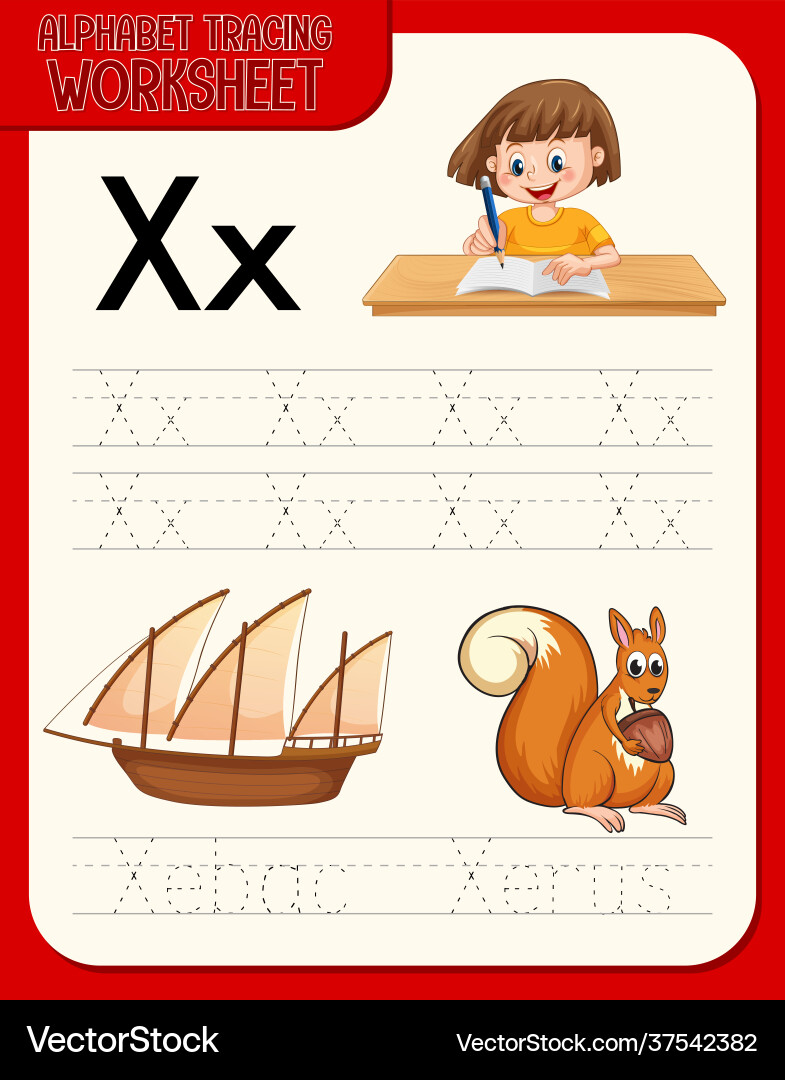 Alphabet tracing worksheet with letter x Vector Image