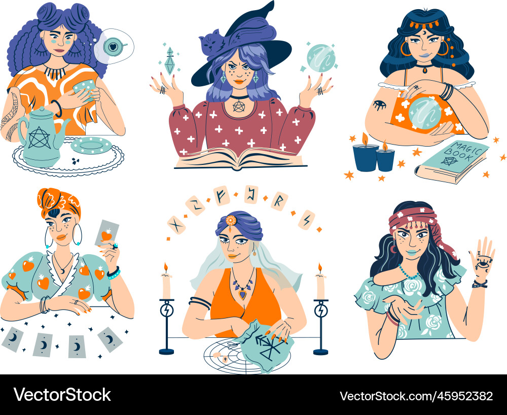 Fortune teller characters flat set Royalty Free Vector Image