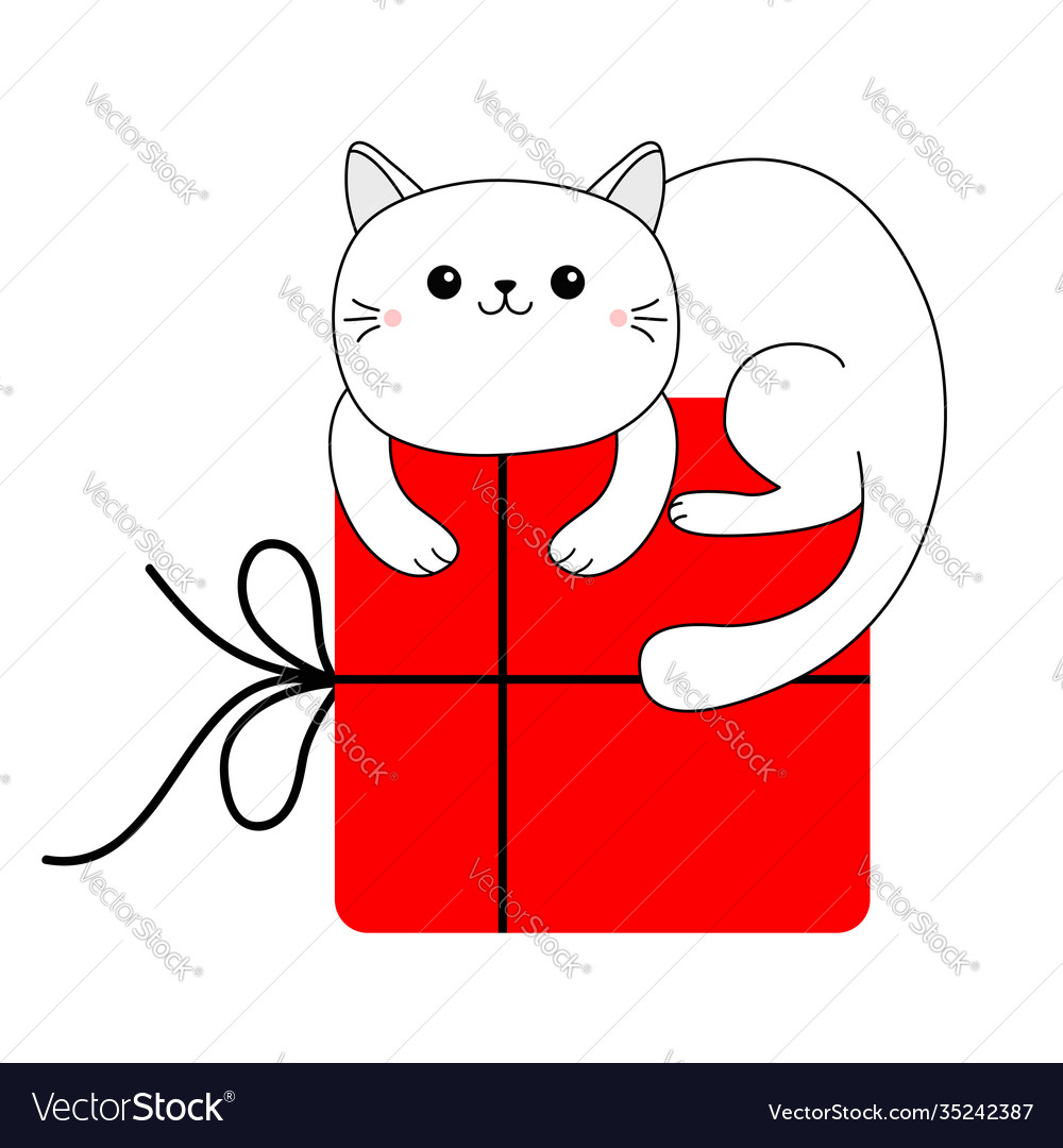 Cute cat holding big red merry christmas gift box Vector Image