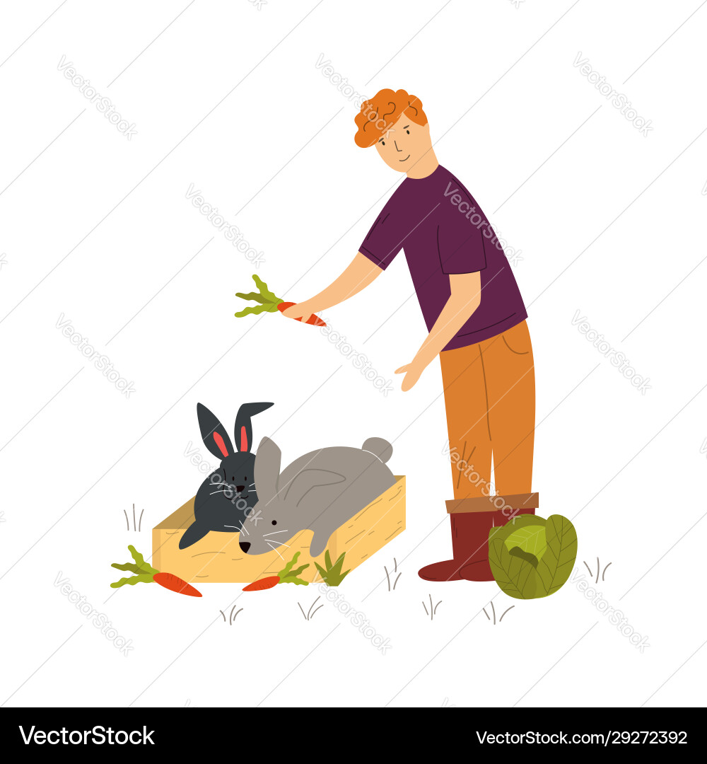 Scene with a farmer feeding cute rabbits Vector Image
