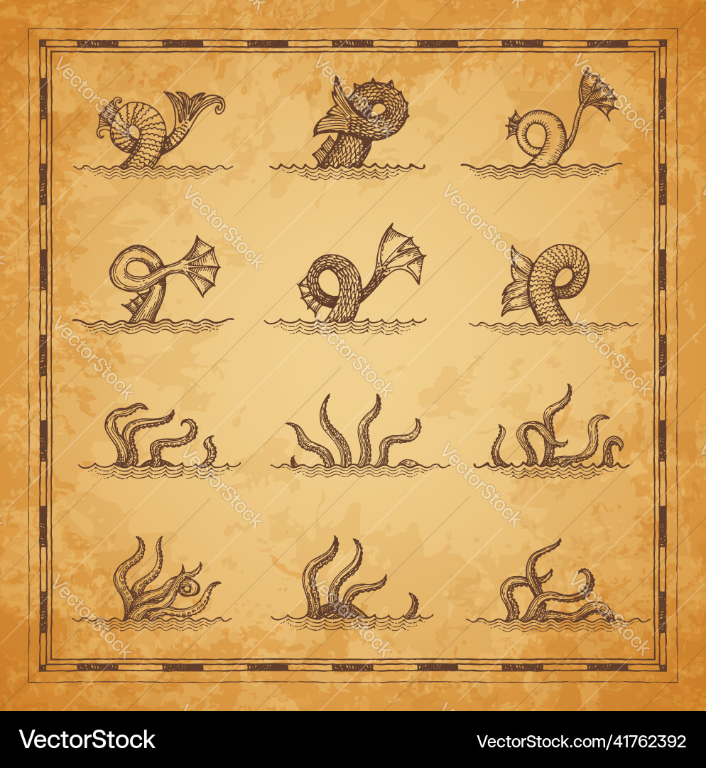 Sea monsters octopus or squid and ocean creatures Vector Image