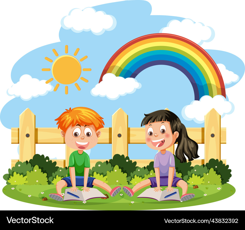 Two kids reading book cartoon character Royalty Free Vector