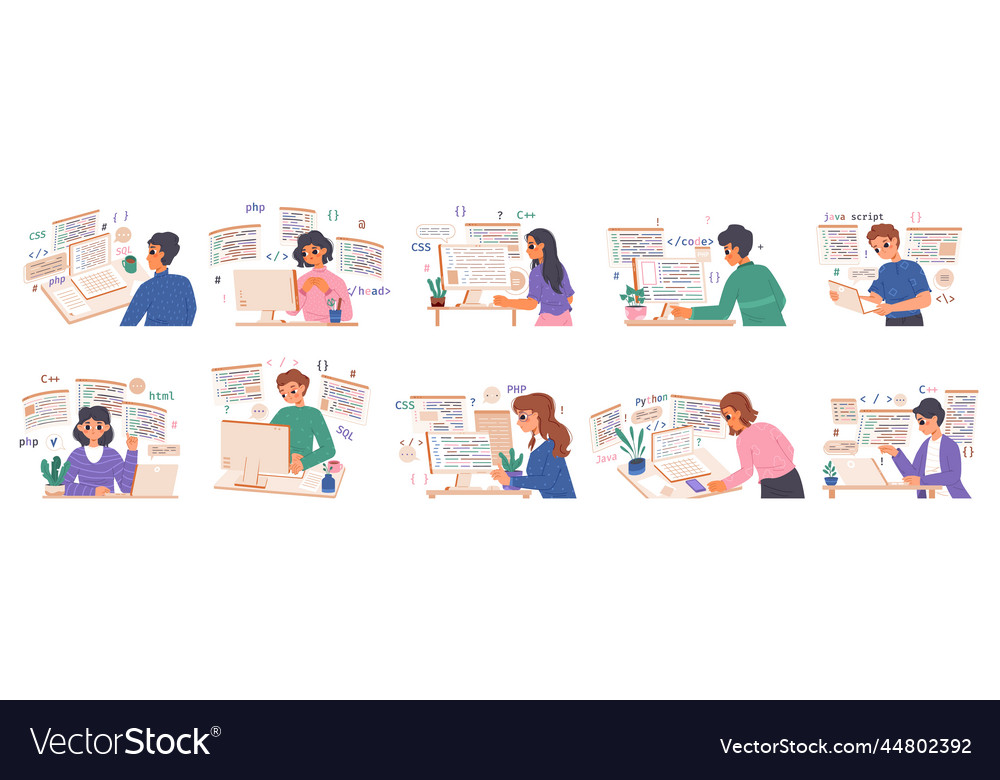 Young programmers study and work happy woman Vector Image Young programmers study and work happy woman Vector Image