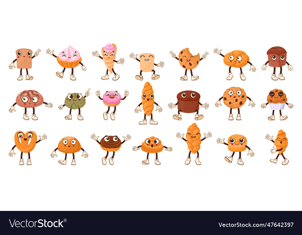Cartoon Bread Characters Pastry Comic Mascots Vector Image