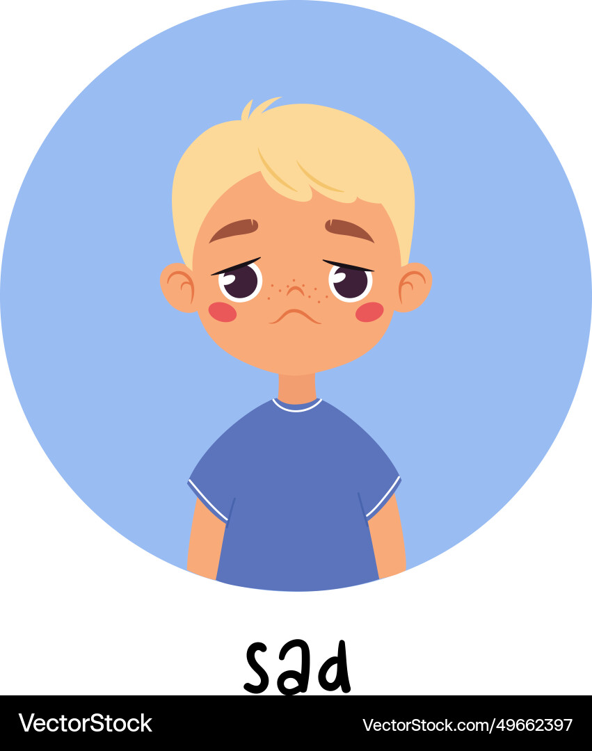 Kid emotion with sad boy character in round shape Vector Image