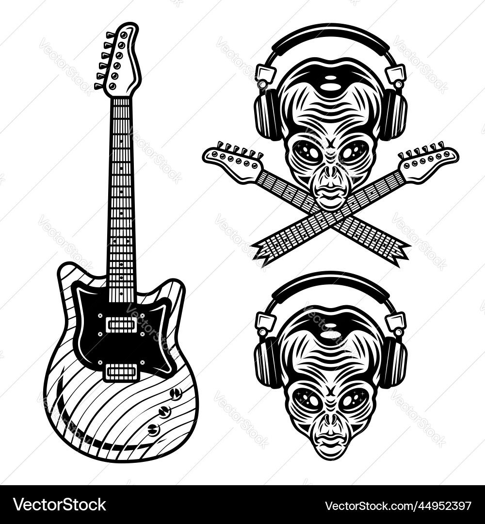 Rock music set of objects alien head Royalty Free Vector