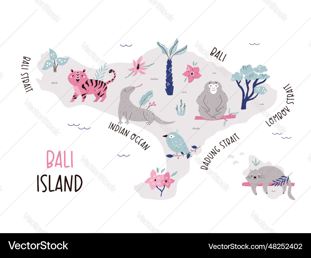 Bali hand drawn map with funny animals cartoon Vector Image