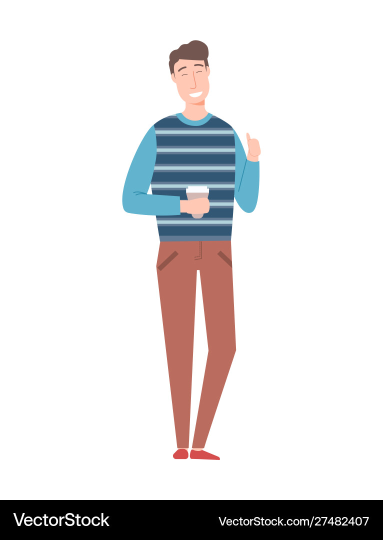 Man holding cup hot beverage and smiling Vector Image