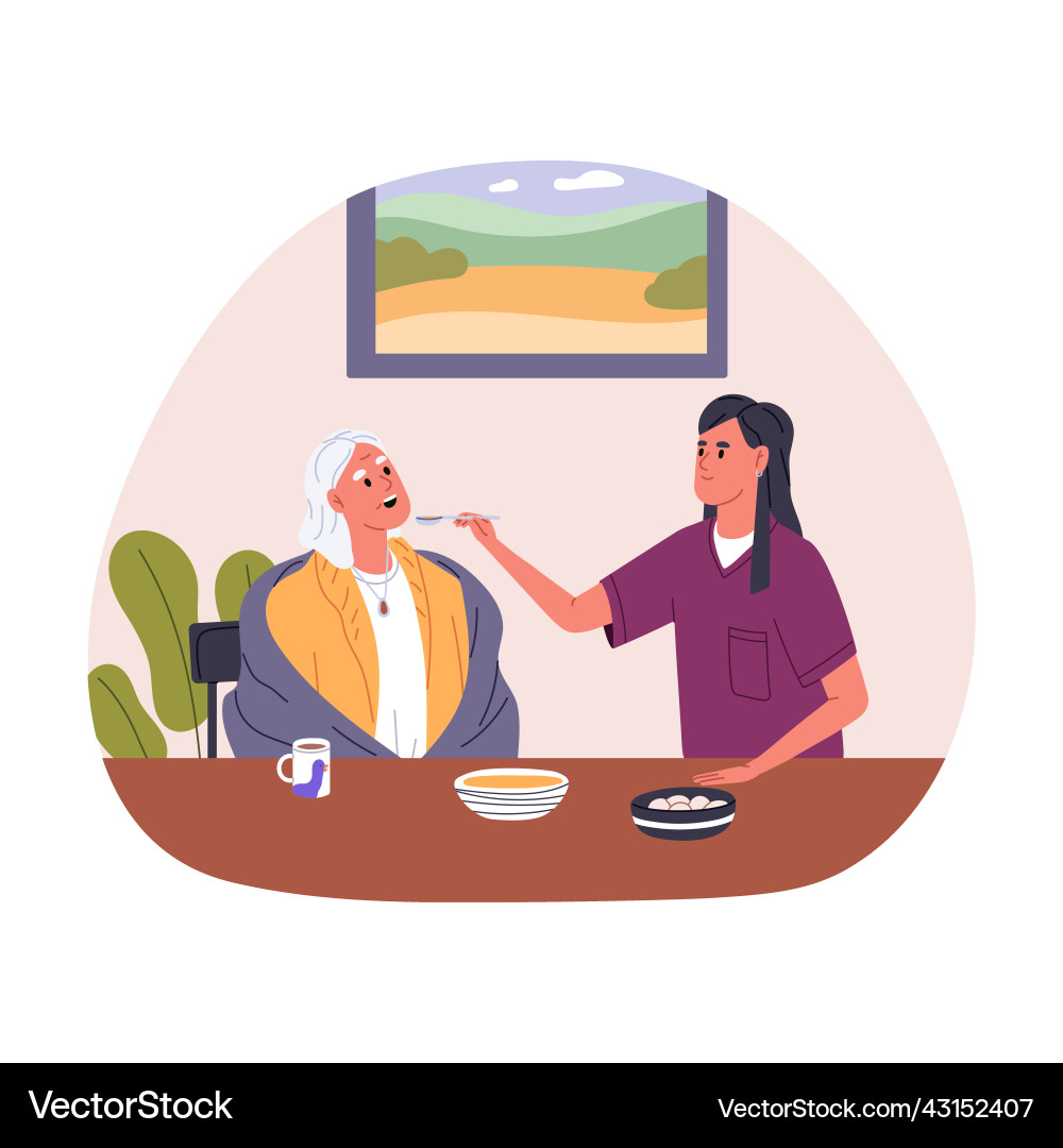 Nursing and feeding elderly person care support Vector Image