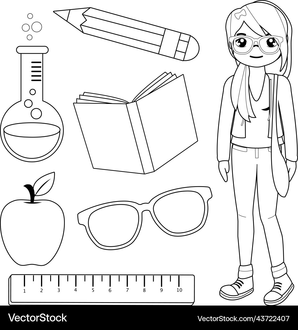 Student girl and set of school objects Royalty Free Vector