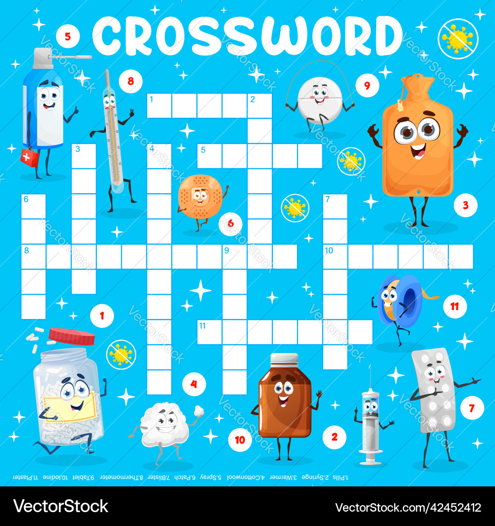Crossword game worksheet grid cartoon medications Vector Image