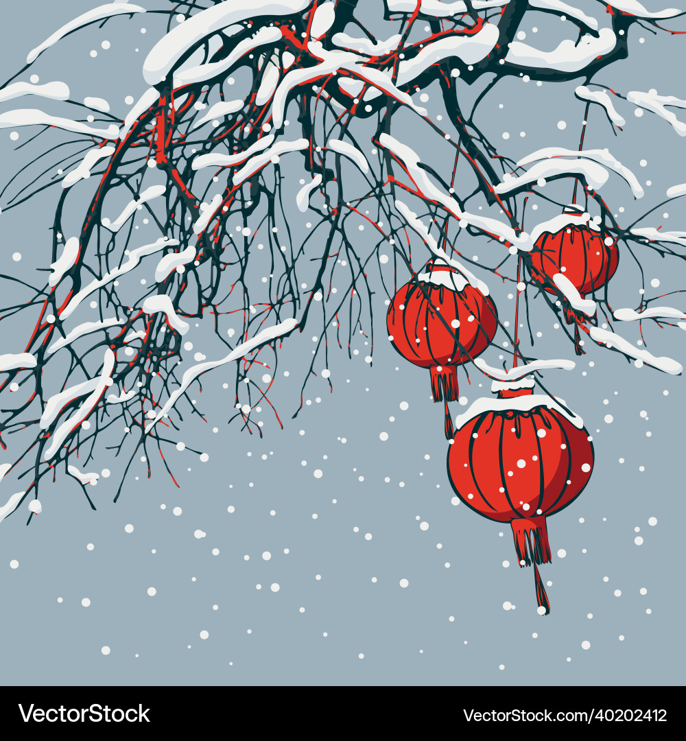 Winter landscape with red paper lanterns on a tree
