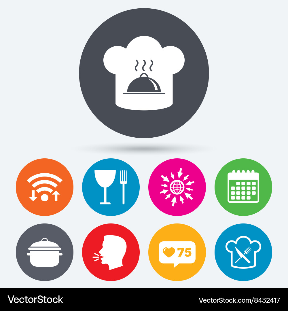Chief hat cooking pan icons fork and knife Vector Image