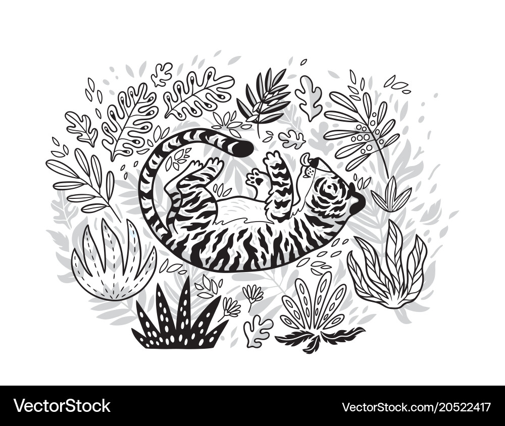 Contour print tiger playing with leaf in tropical Vector Image
