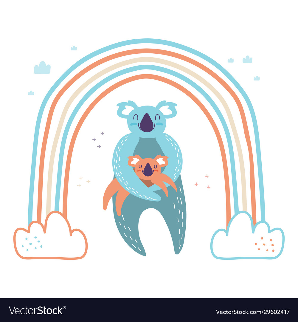 Cute koala with a baby under rainbow Royalty Free Vector