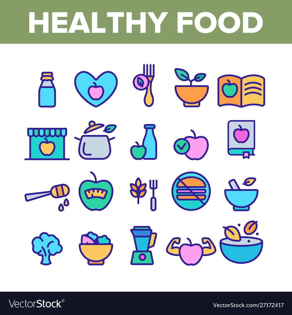 Healthy food nutrition collection icons color set Vector Image
