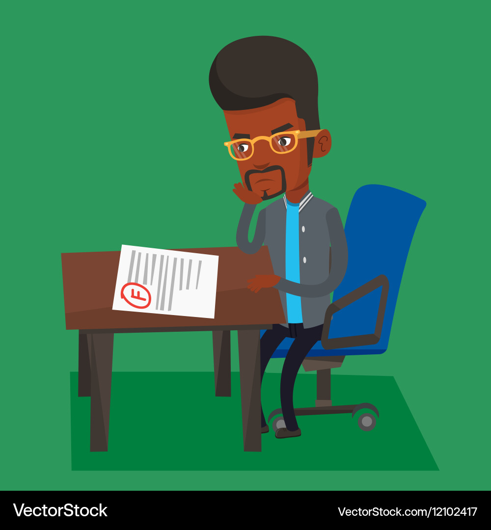 Sad student looking at test paper with bad mark Vector Image