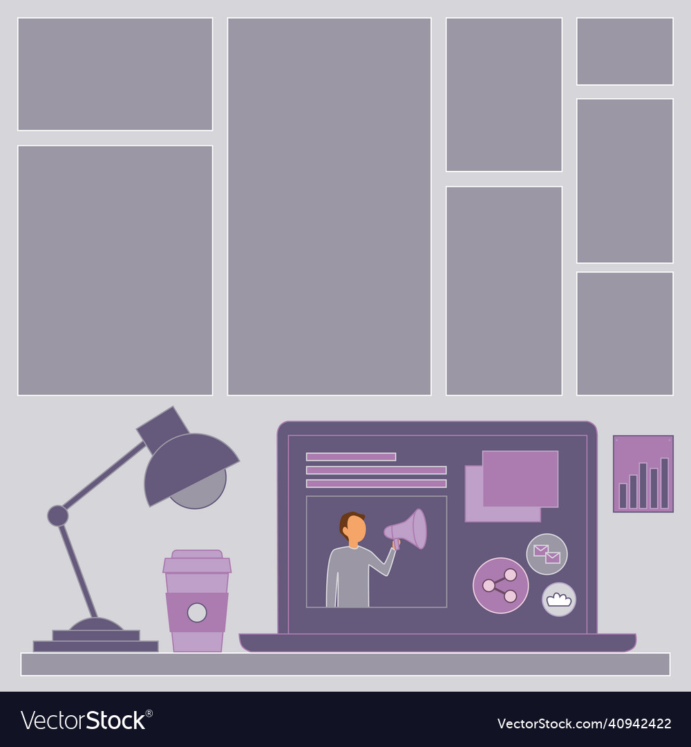 Laptop resting on a table beside coffee mug Vector Image