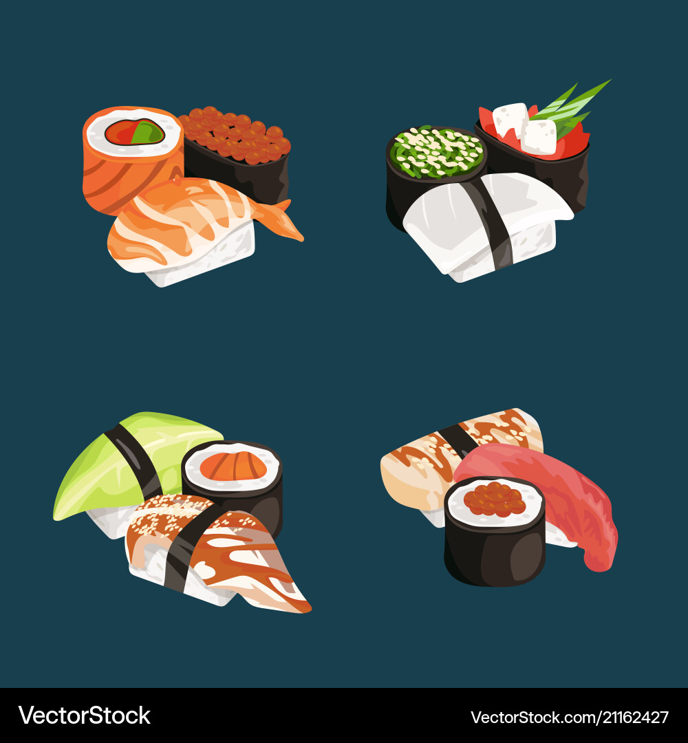 Cartoon sushi types piles set Royalty Free Vector Image