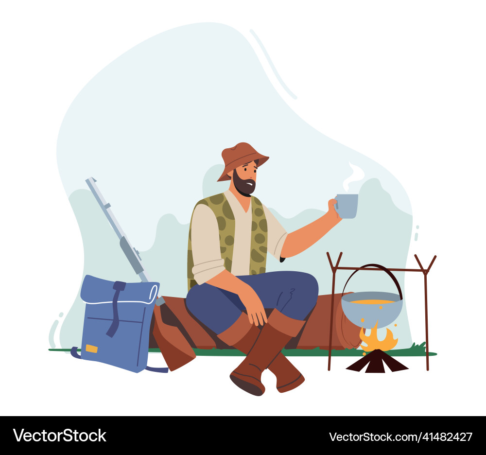 Hunter relax in camp man with rifle sit on log Vector Image