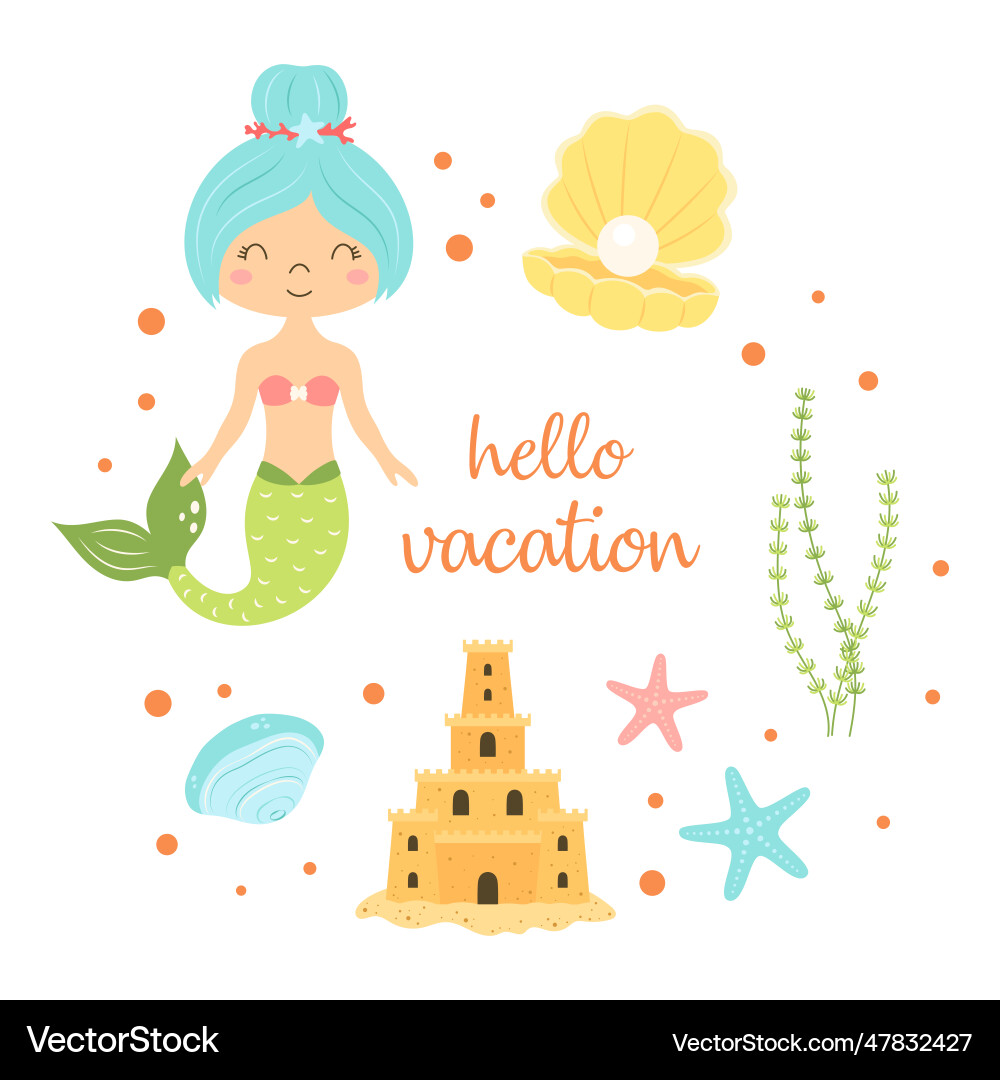 Marine print with mermaid and beach elements Vector Image