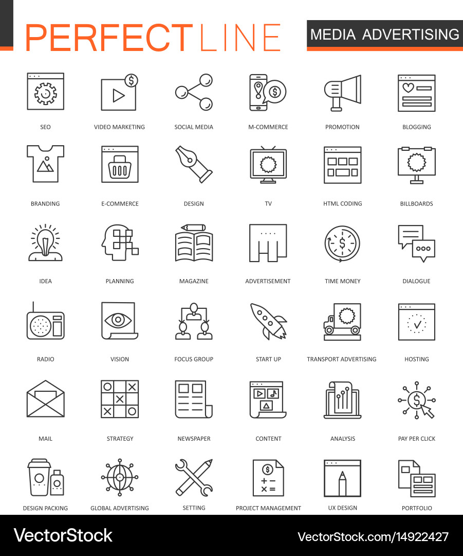Media advertising thin line web icons set outline Vector Image