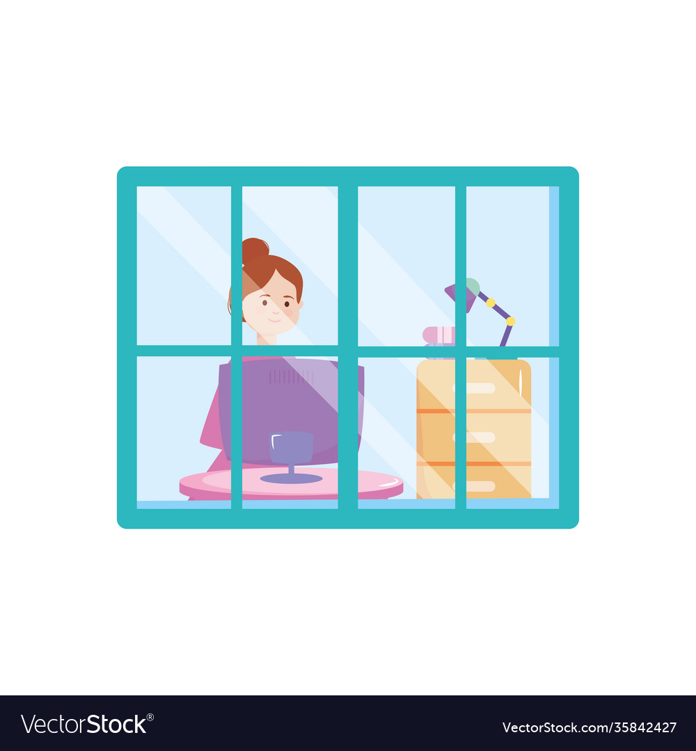 Woman working with computer view from window Vector Image